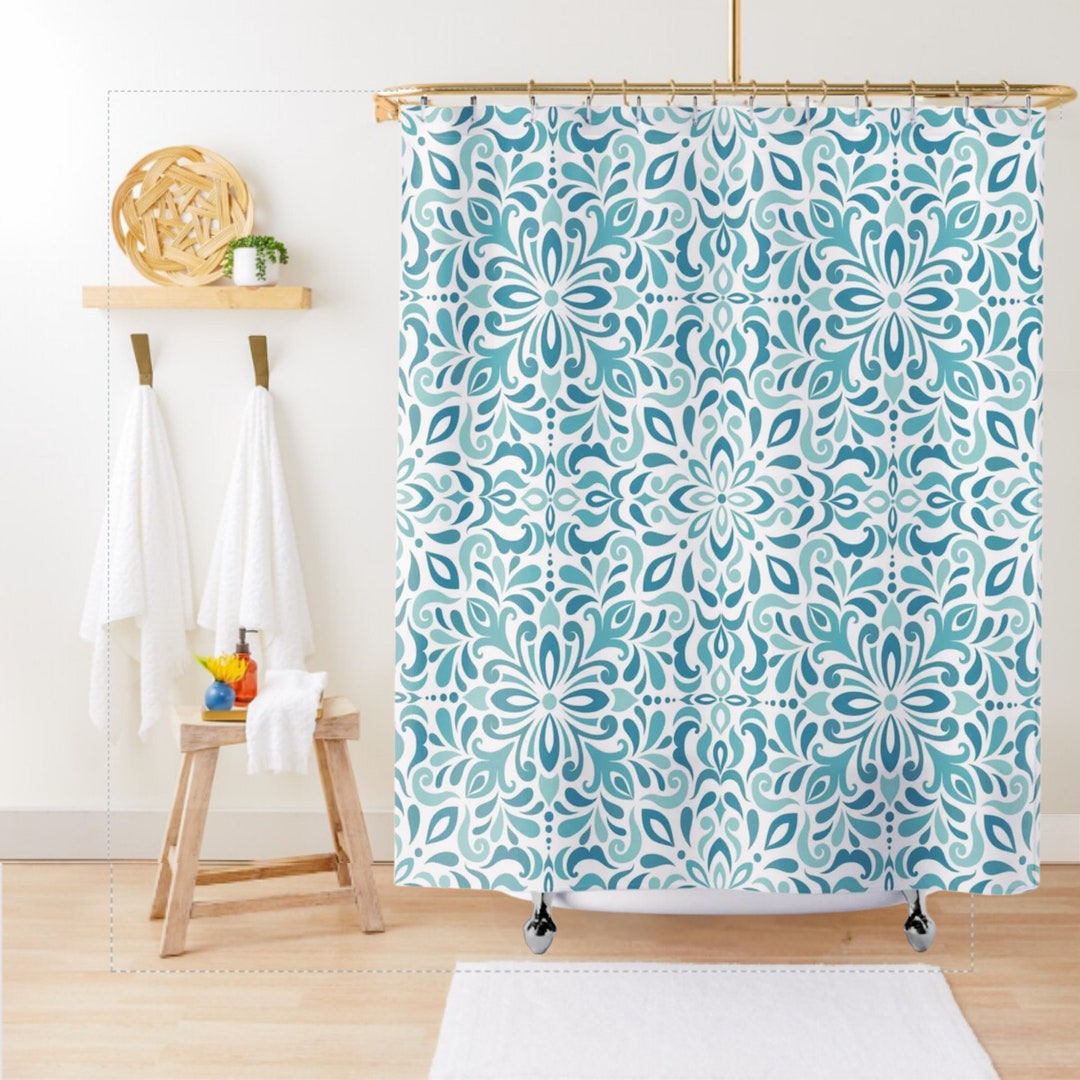 Blue Damask Shower Curtain Boho Shower Curtain Jacquard Baroque Shower