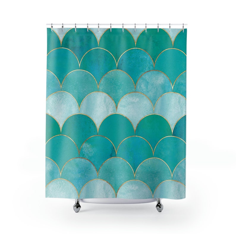 Mermaid Fish Scale Teal and White Shower Curtain, Ocean Theme Shower ...
