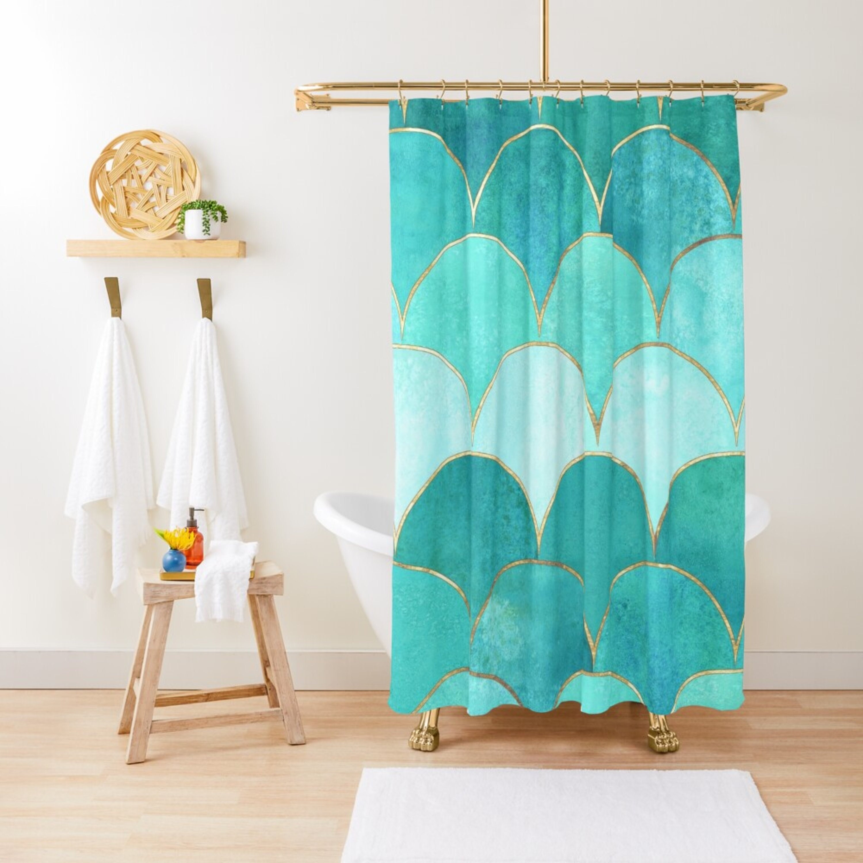 Mermaid Fish Scale Teal and White Shower Curtain, Ocean Theme Shower ...