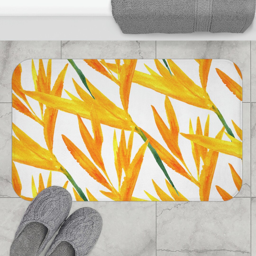 Bird of Paradise Bath Mats, Tropical Shower Mat, Black Orange and Green ...