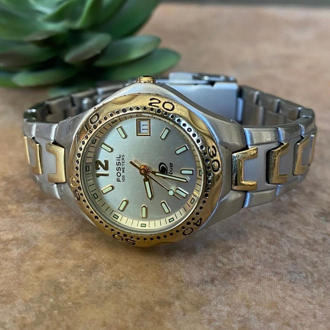 Fossil 100 Meters Blue Two Tone Wrist Watch With Date Display - Etsy