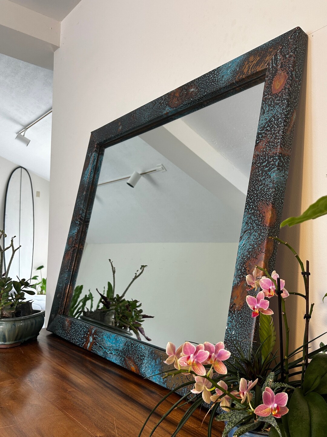 Copper Wall Decor With Beachy Vibe - Large Copper Mirror With Aqua ...