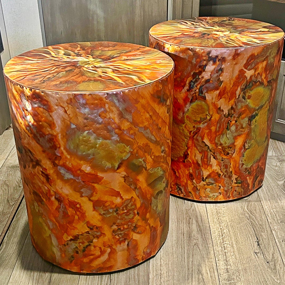 Hammered Copper Drum Accent Table, Unique Round Copper End Table, One ...