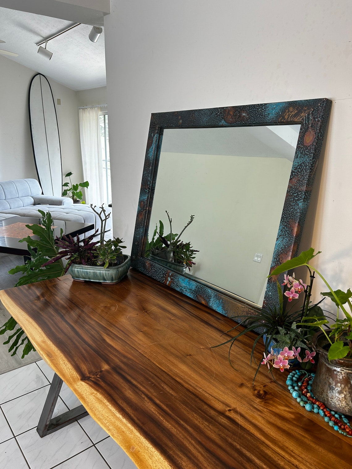 Copper Wall Decor With Beachy Vibe - Large Copper Mirror With Aqua ...