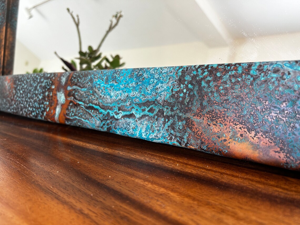 Copper Wall Decor With Beachy Vibe - Large Copper Mirror With Aqua ...