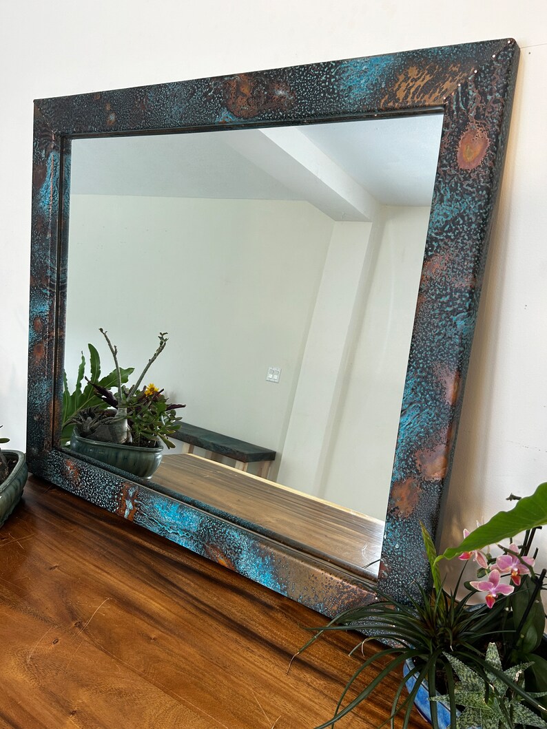 Copper Wall Decor With Beachy Vibe - Large Copper Mirror With Aqua ...