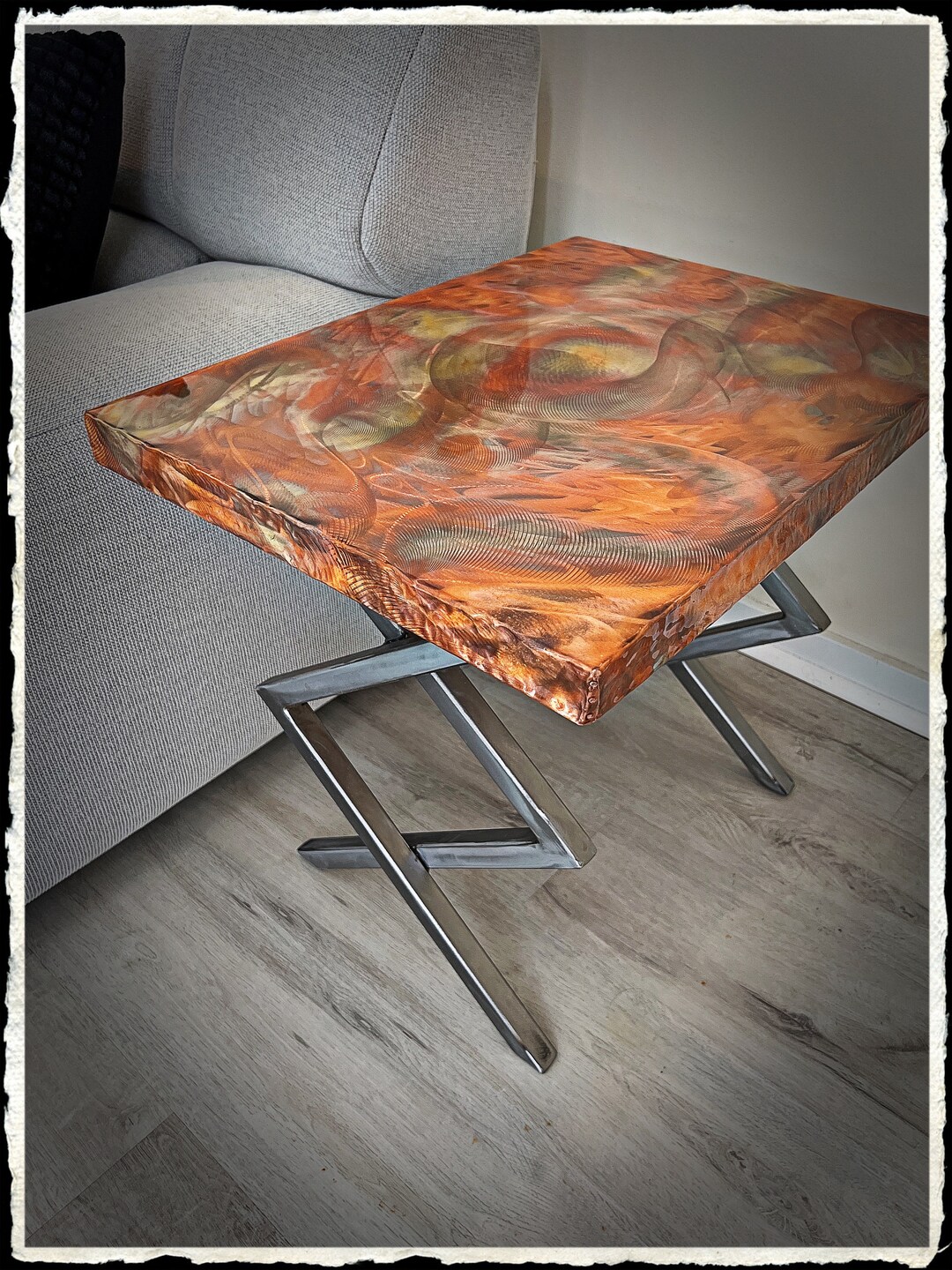Unique Flame-painted Copper Side Table, Modern End Table, Abstract ...