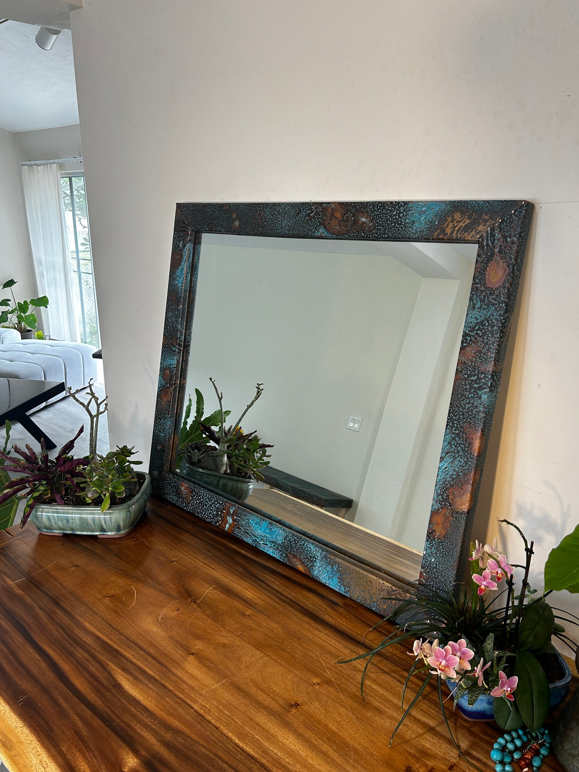 Copper Wall Decor With Beachy Vibe - Large Copper Mirror With Aqua ...