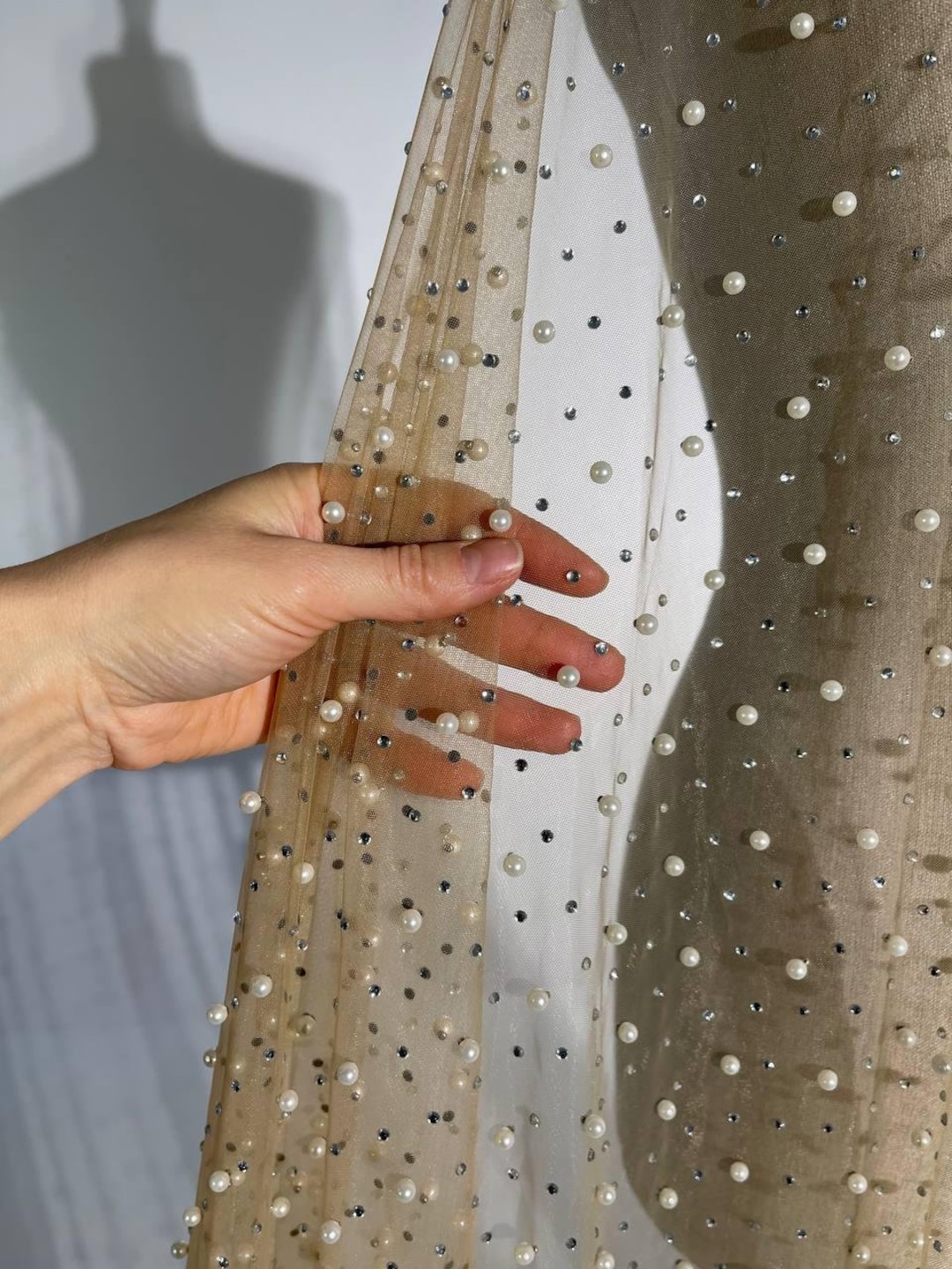 Flexible Mesh With Sparkling Crystals and White Pearls. Striking ...