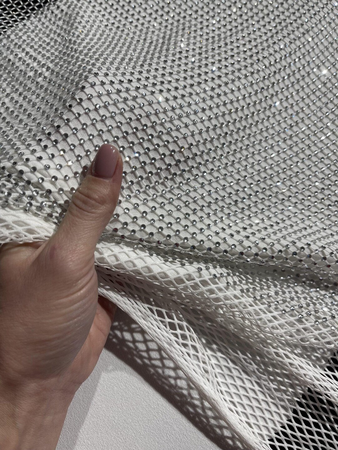 White Netting, Transparent Crystals. Elastic Fabric for Wedding Dresses ...
