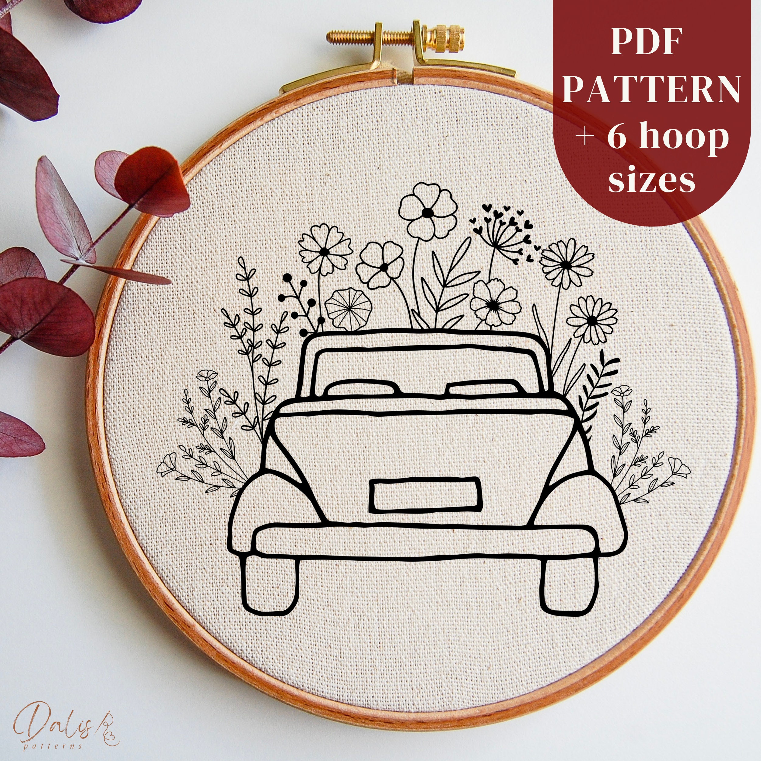 Summer Travel Hand Embroidery PDF Pattern, Wildflowers Vintage Car ...