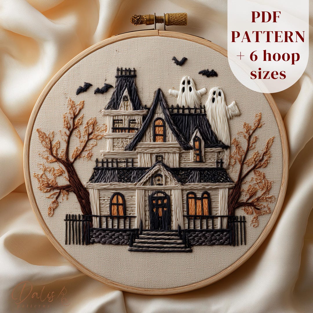 Haunted House Embroidery Pattern, Halloween Hand Embroidery Design ...