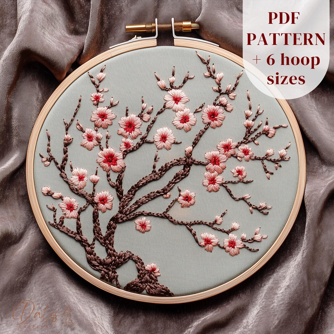 Cherry Blossoms Hand Embroidery Pattern: Pink Sakura Flowers Design ...