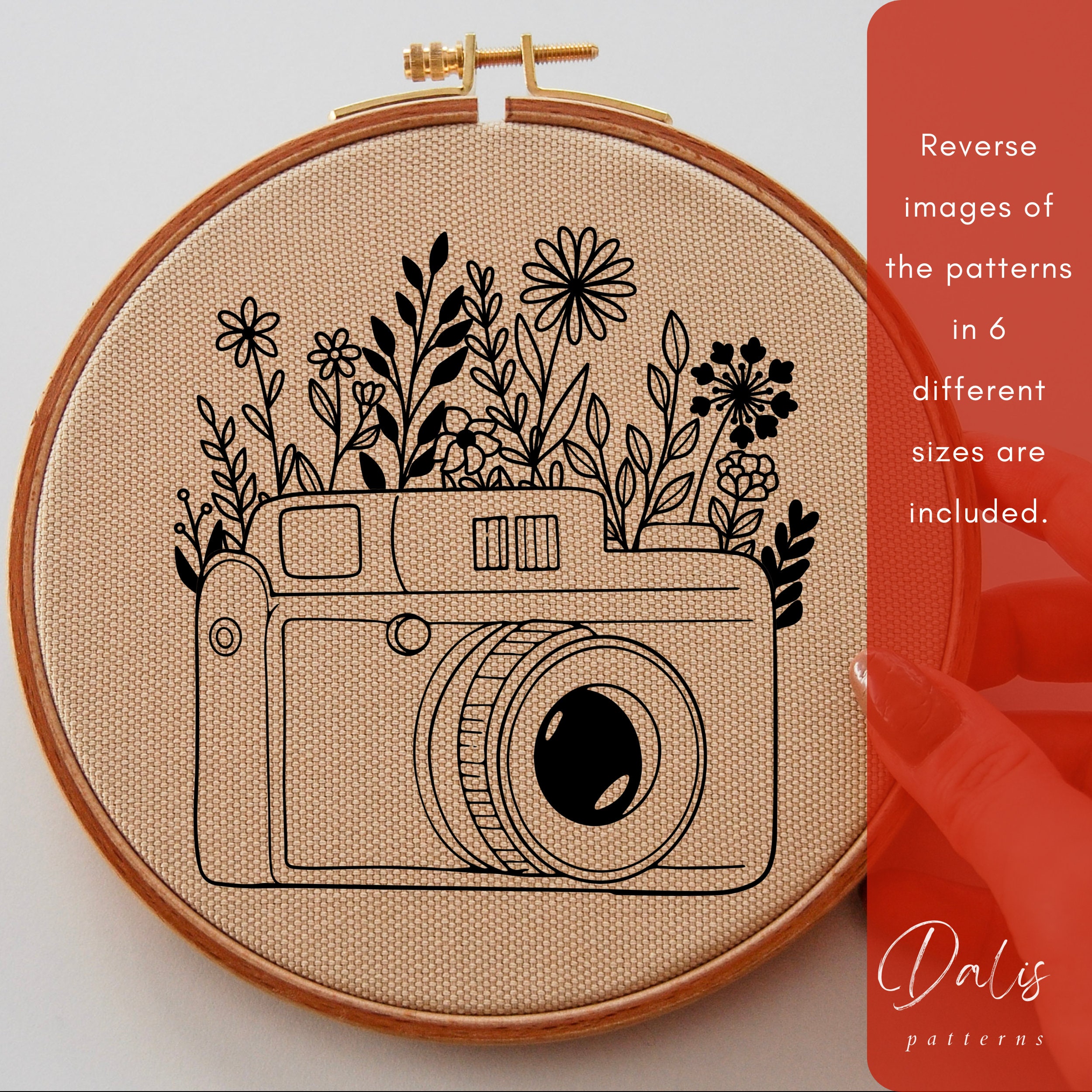 Floral Camera Embroidery Design for DIY Hoop Art Beginners, Embroidery ...