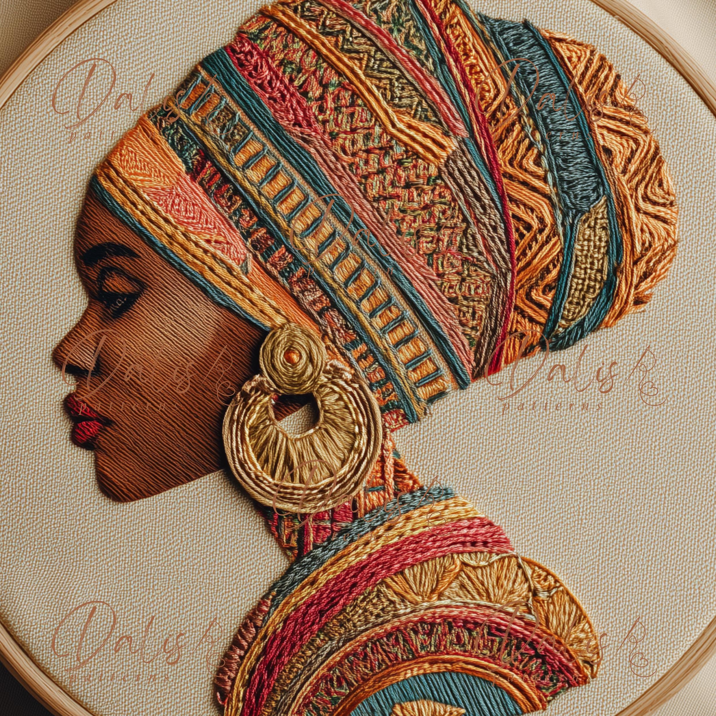 African Hand Embroidery Design, Afro Woman With Headwrap Pattern, DIY ...