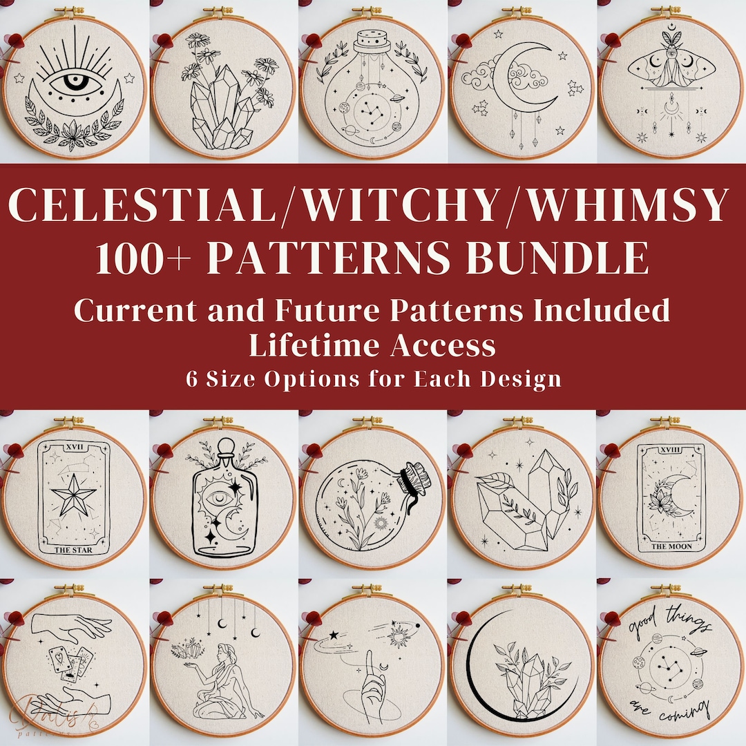 Witchy and Celestial Embroidery PDF Patterns Bundle, Beginner Hand Stitching, Needlepoint Design ...