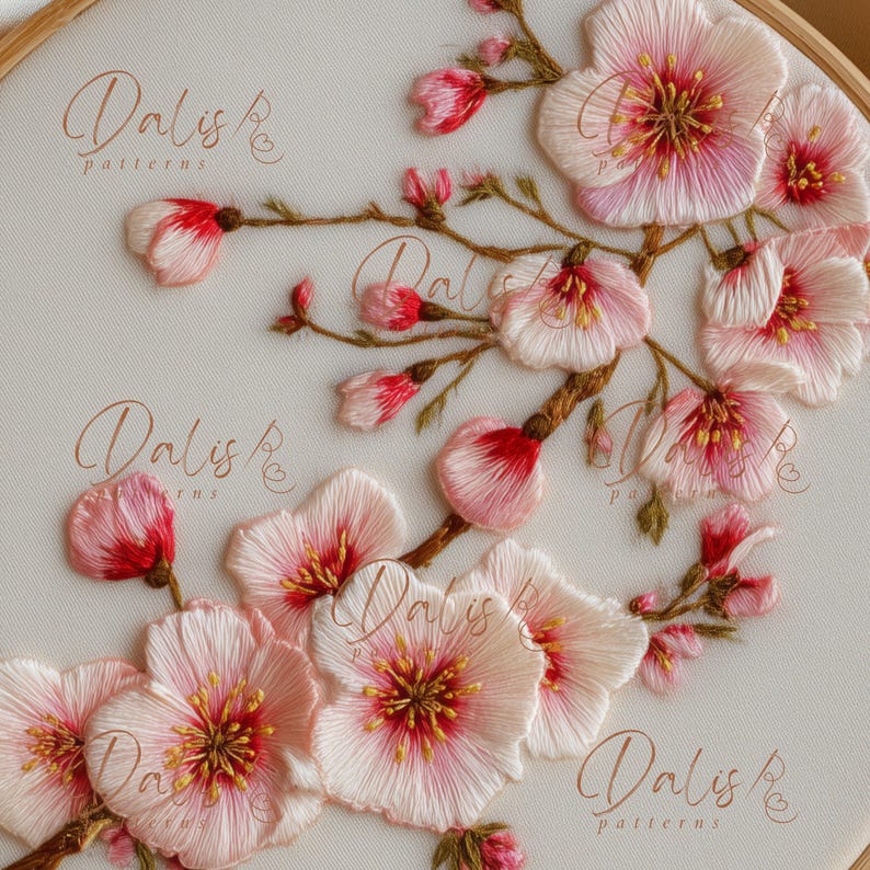 Sakura Hand Embroidery Pattern, Spring Cherry Blossom Branch Design ...