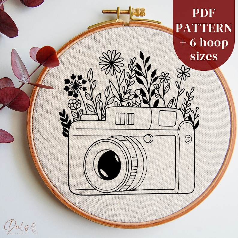 Floral Camera Embroidery Design for DIY Hoop Art Beginners, Embroidery ...