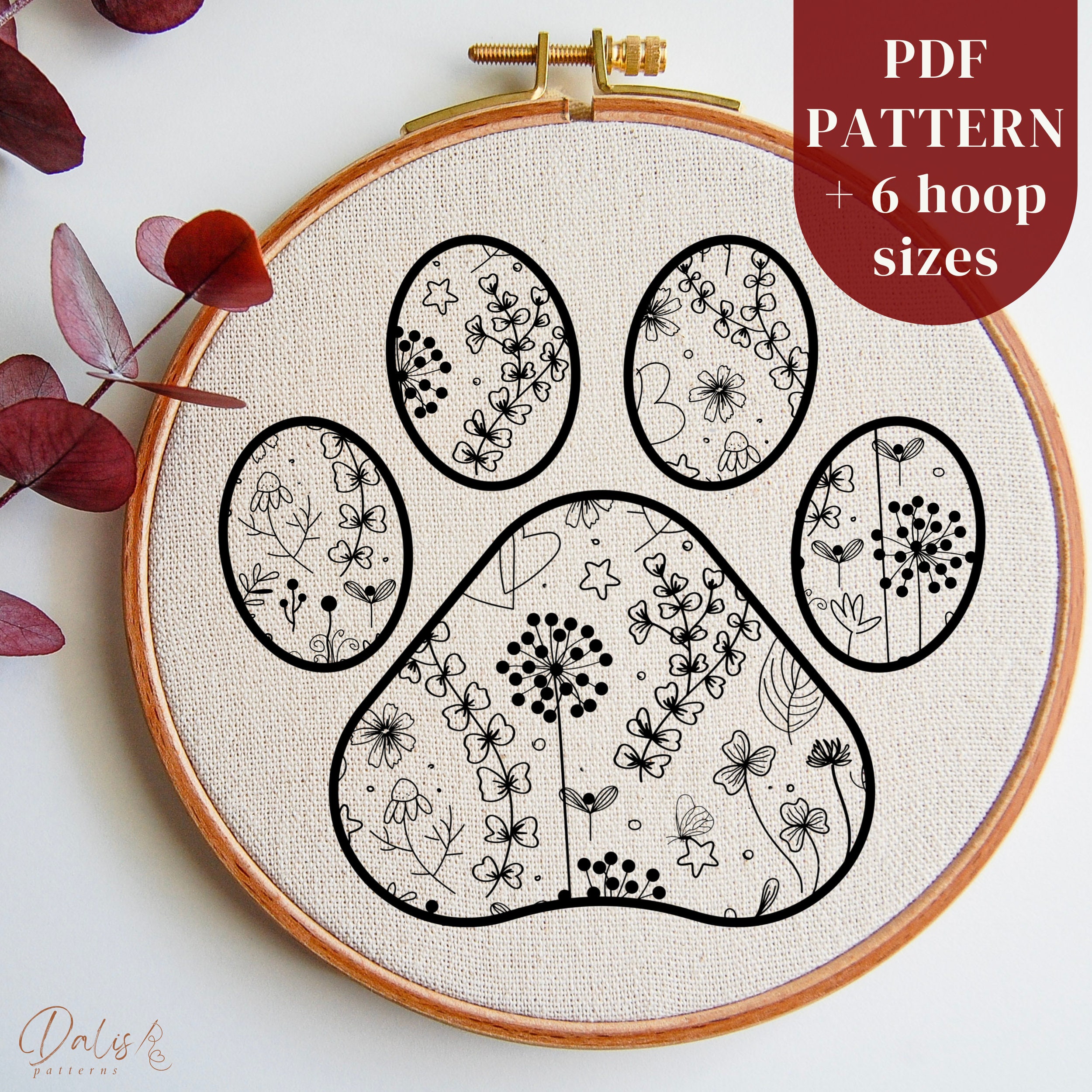 Floral Paw Print Embroidery PDF Pattern, Toe Beans DIY Embroidery Hoop ...