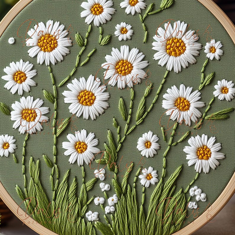 Daisies Hand Embroidery Pattern, Flowers Meadow Embroidery Design ...