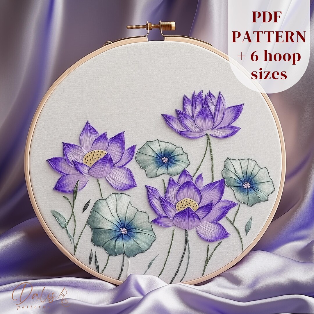 Asian Lotus Flowers Embroidery Design, Purple Lotus Hand Embroidery ...