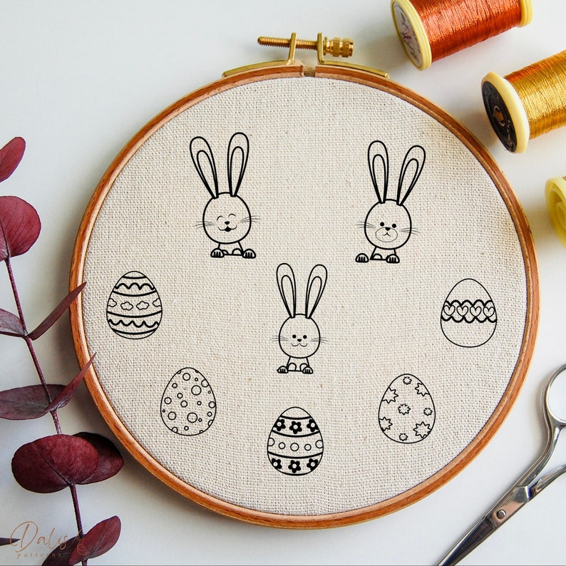 Easter Hand Embroidery PDF Pattern File, Cute Easter Bunnies and Eggs ...