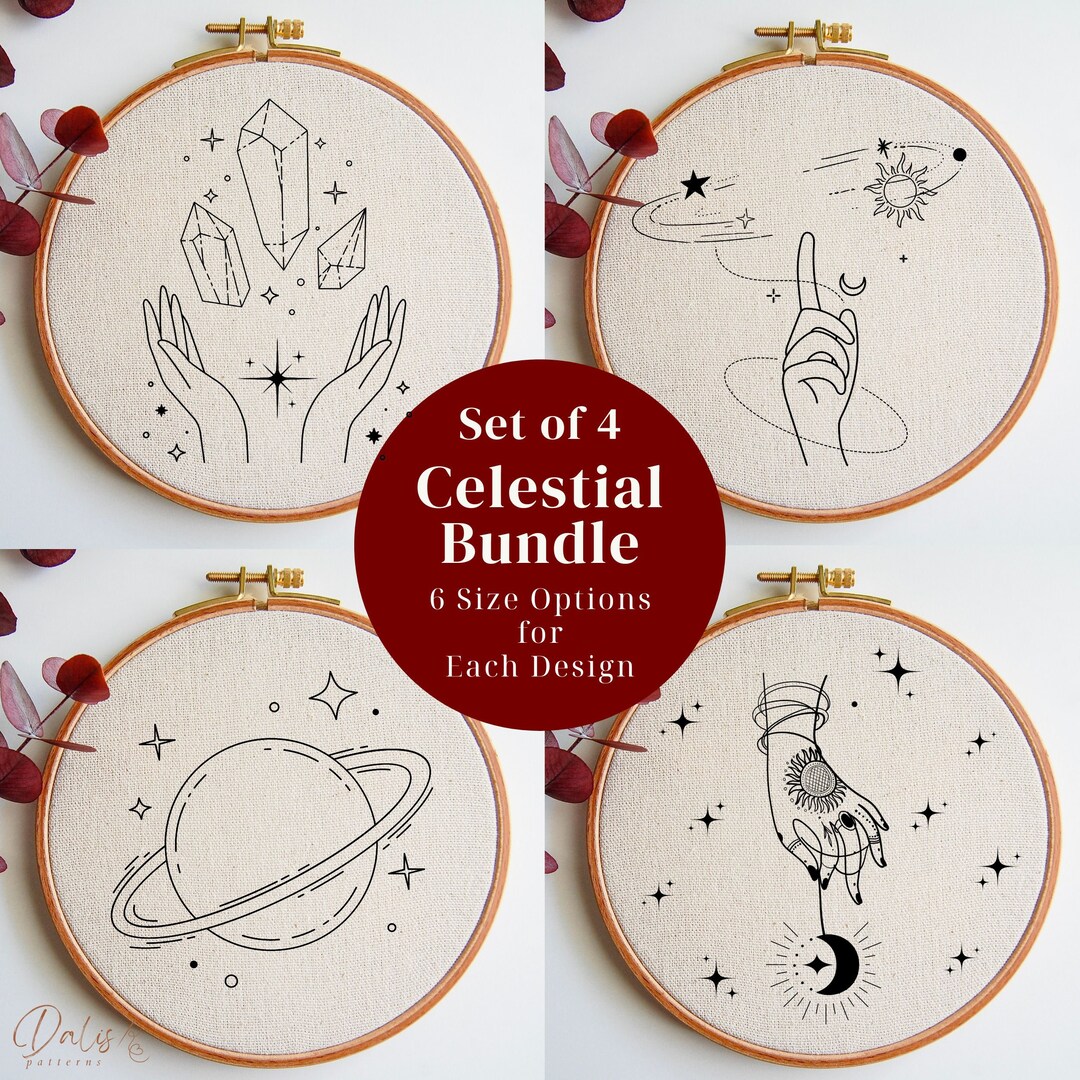 Celestial Hand Embroidery Design Bundle: Cosmic Planet, Crystals, Sun ...