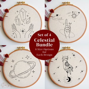 Celestial Hand Embroidery Design Bundle: Cosmic Planet, Crystals, Sun ...