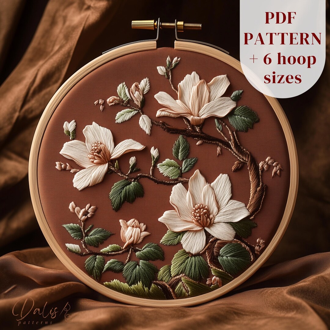 Magnolia Meadow Embroidery Pattern, Flowers Hand Embroidery Design ...