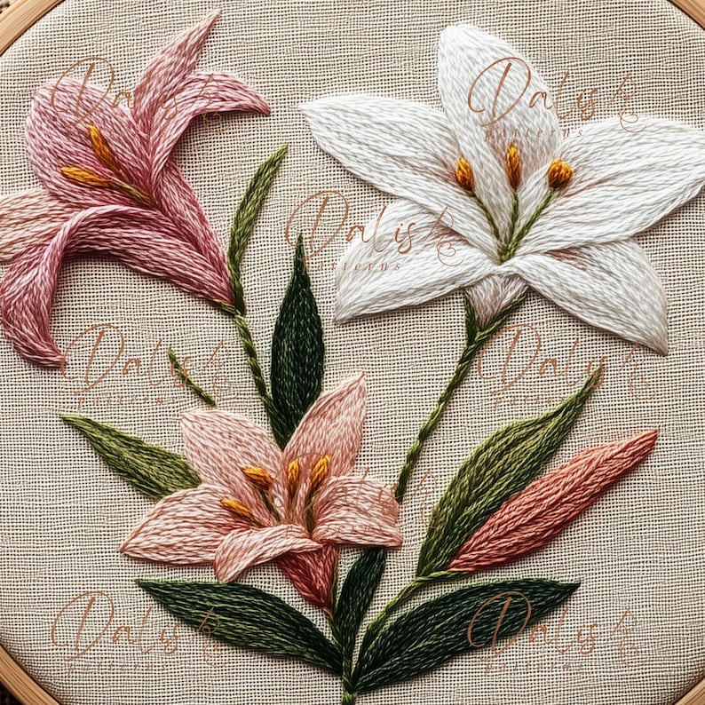 Lilium Flowers Embroidery Design, Lilies Hand Embroidery Pattern ...