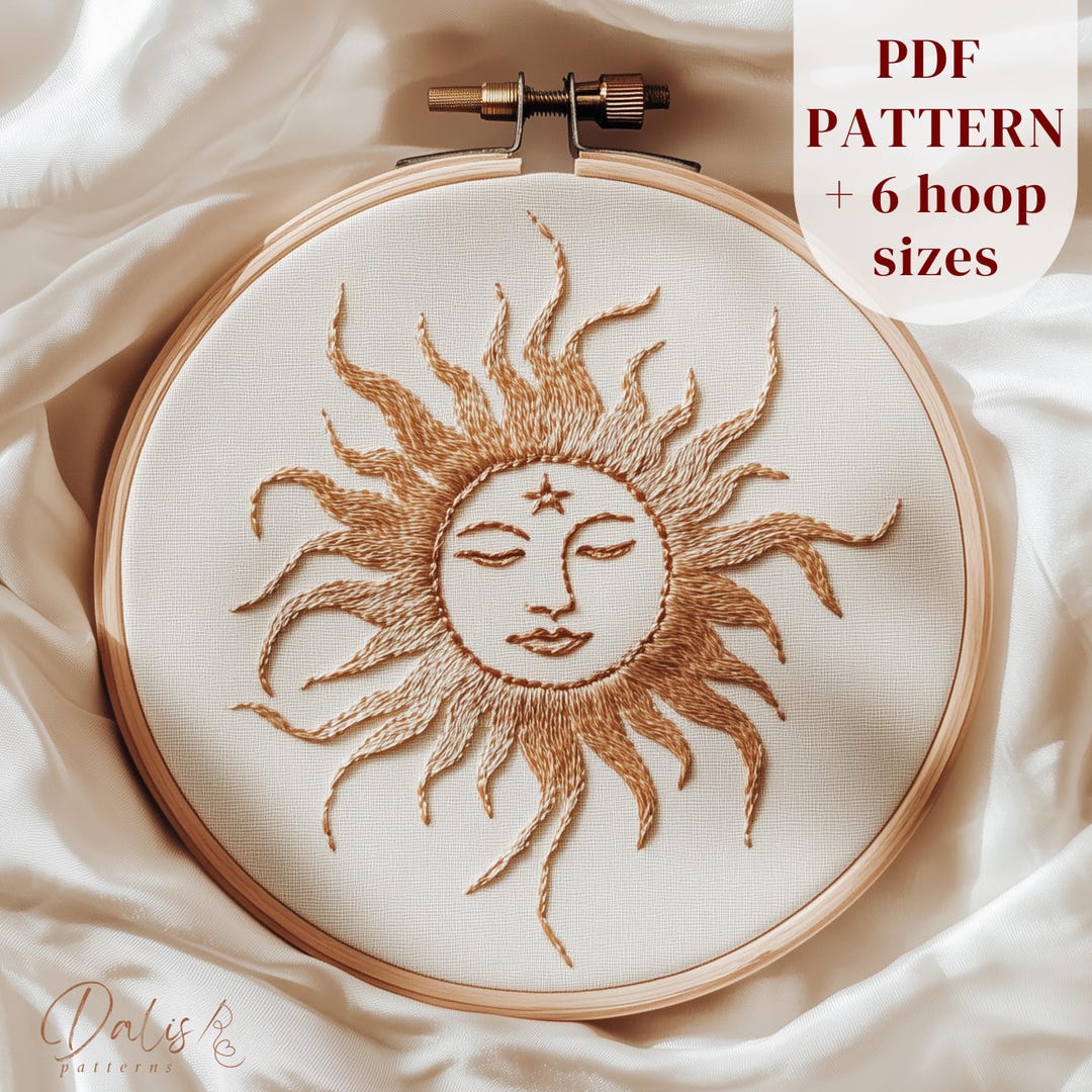 Cute Vibrant Sun Hand Embroidery Design, Celestial Embroidery Pattern ...