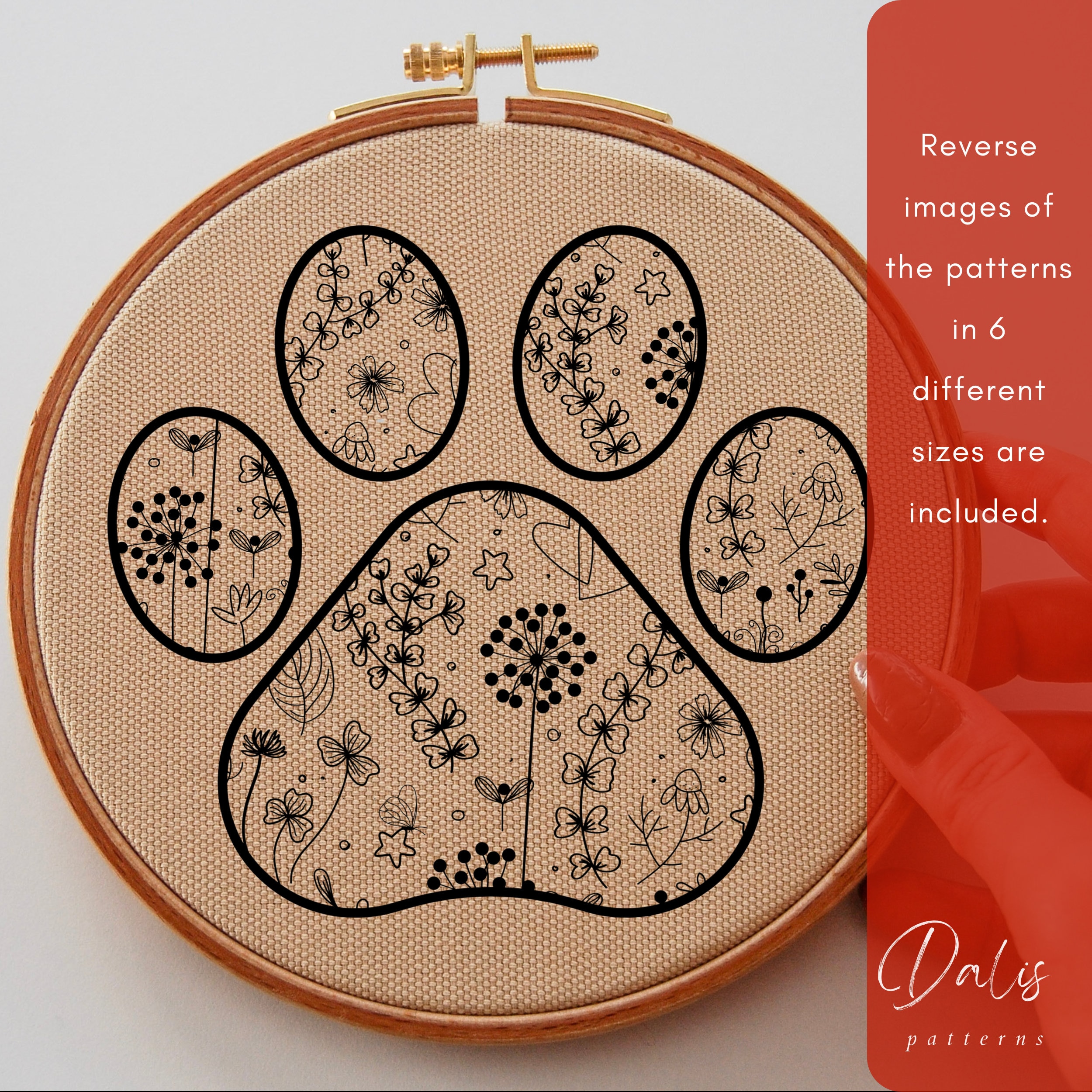 Floral Paw Print Embroidery PDF Pattern, Toe Beans DIY Embroidery Hoop ...