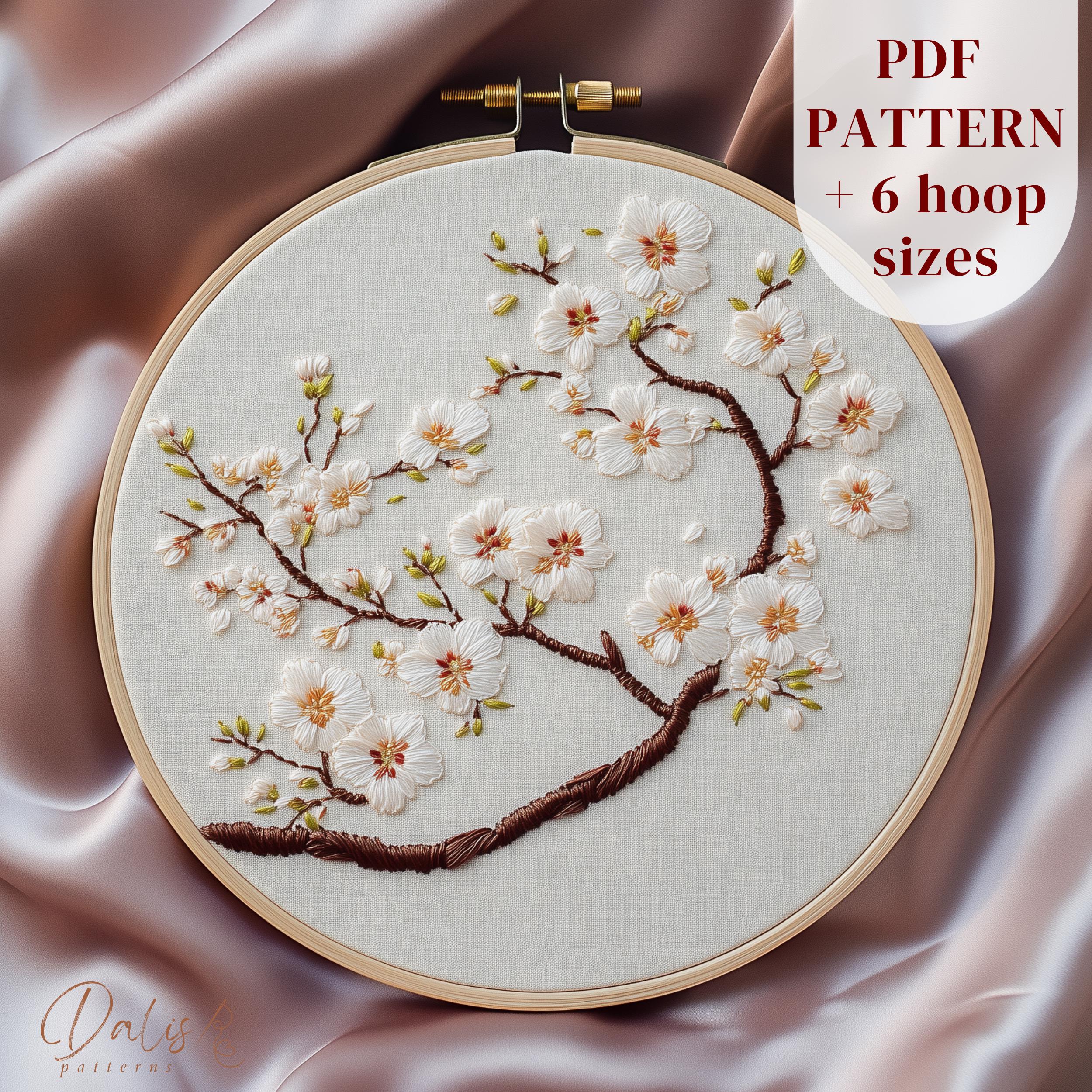 White Sakura Flowers Hand Embroidery Design, Cherry Blossoms Embroidery ...