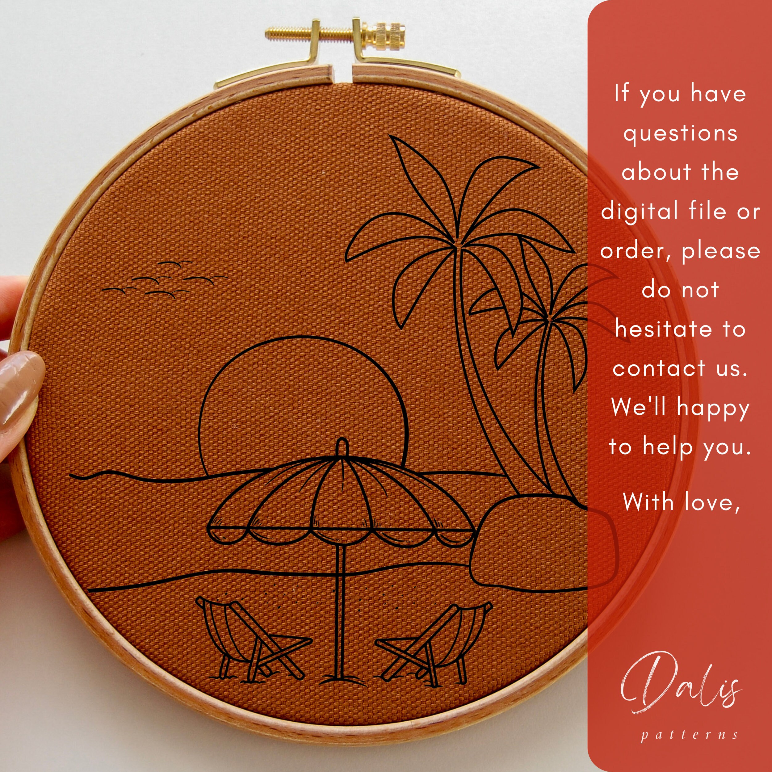 Summer Sunset Hand Embroidery Design, Beach, Sun and Palms DIY Hoop Art ...