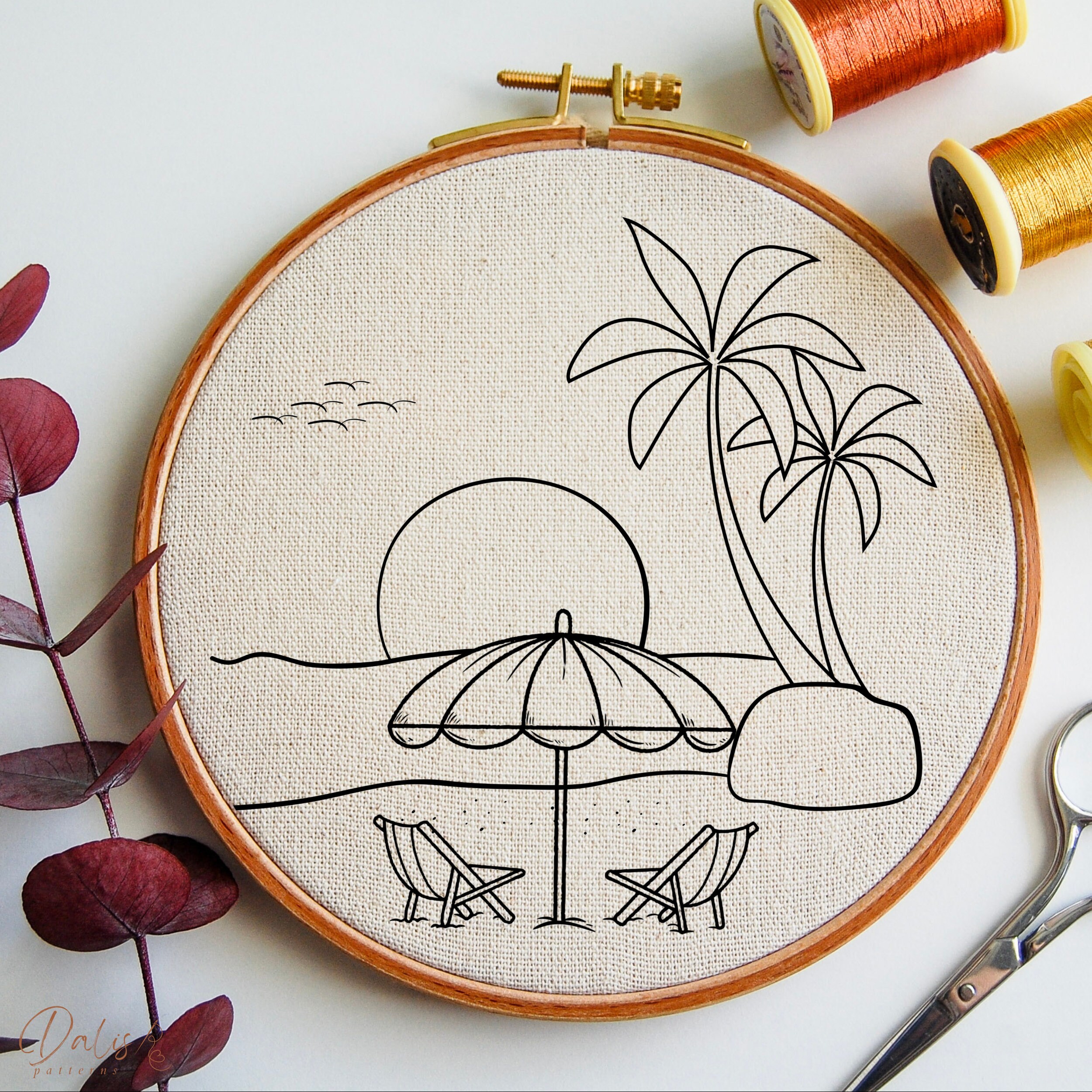 Summer Sunset Hand Embroidery Design, Beach, Sun and Palms DIY Hoop Art ...