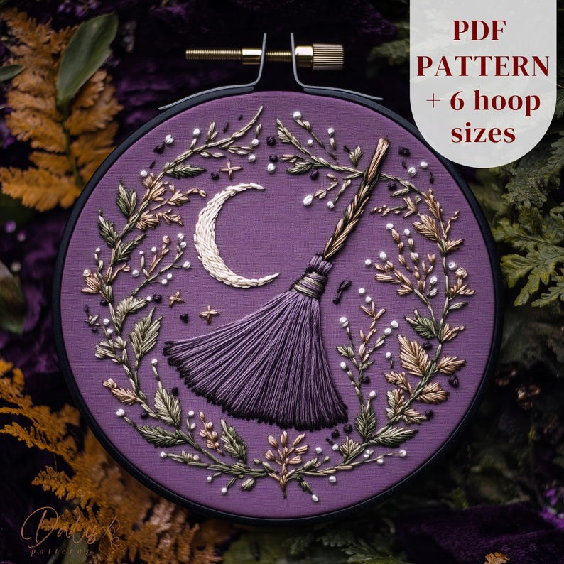 Witchy Hand Embroidery Design, Witch Broom and Moon Embroidery Pattern ...