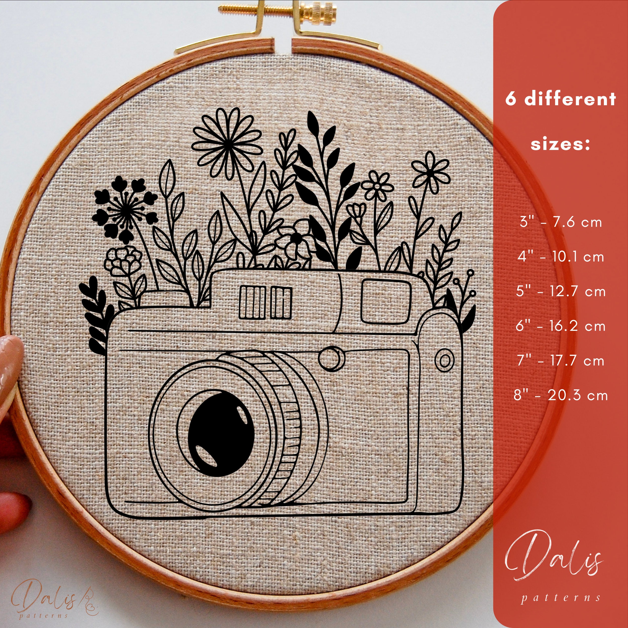 Floral Camera Embroidery Design for DIY Hoop Art Beginners, Embroidery ...