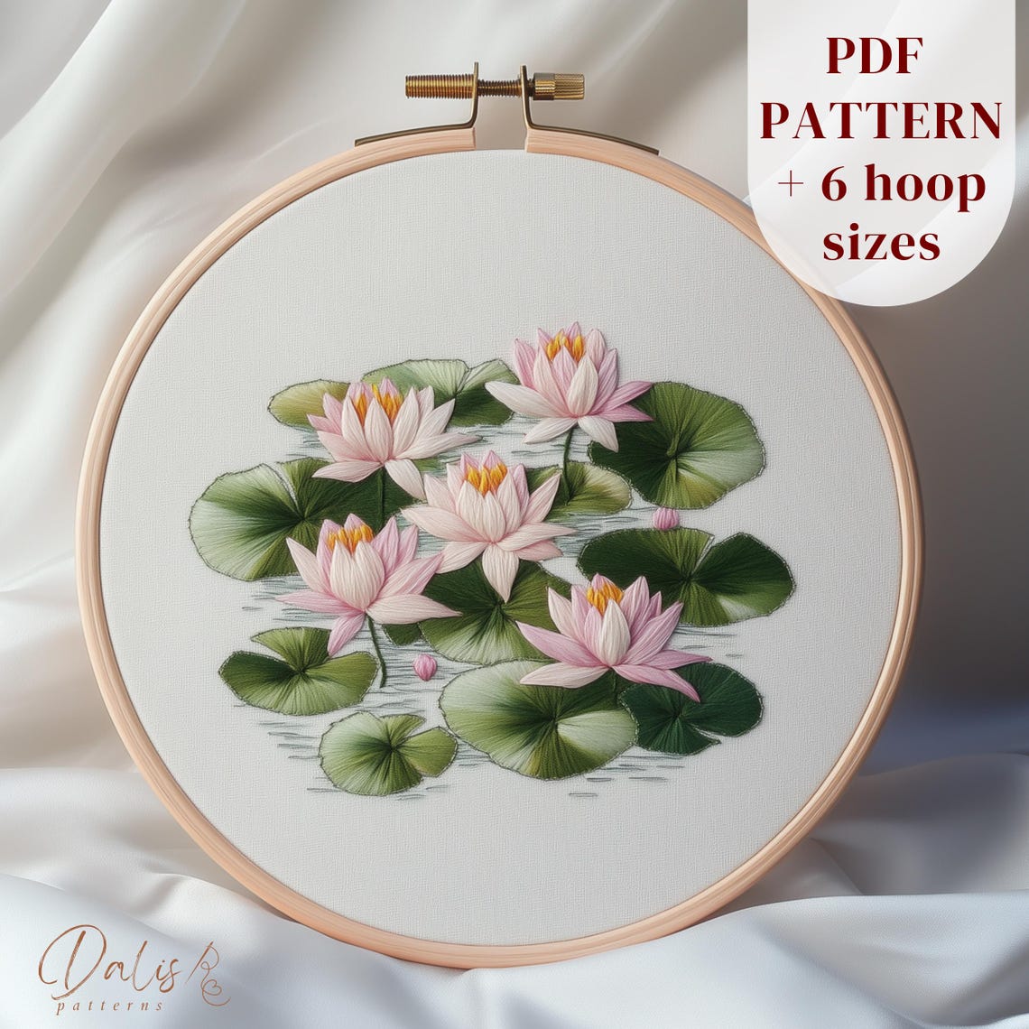 Water Lilies Hand Embroidery Pattern, July Birth Month Flower ...
