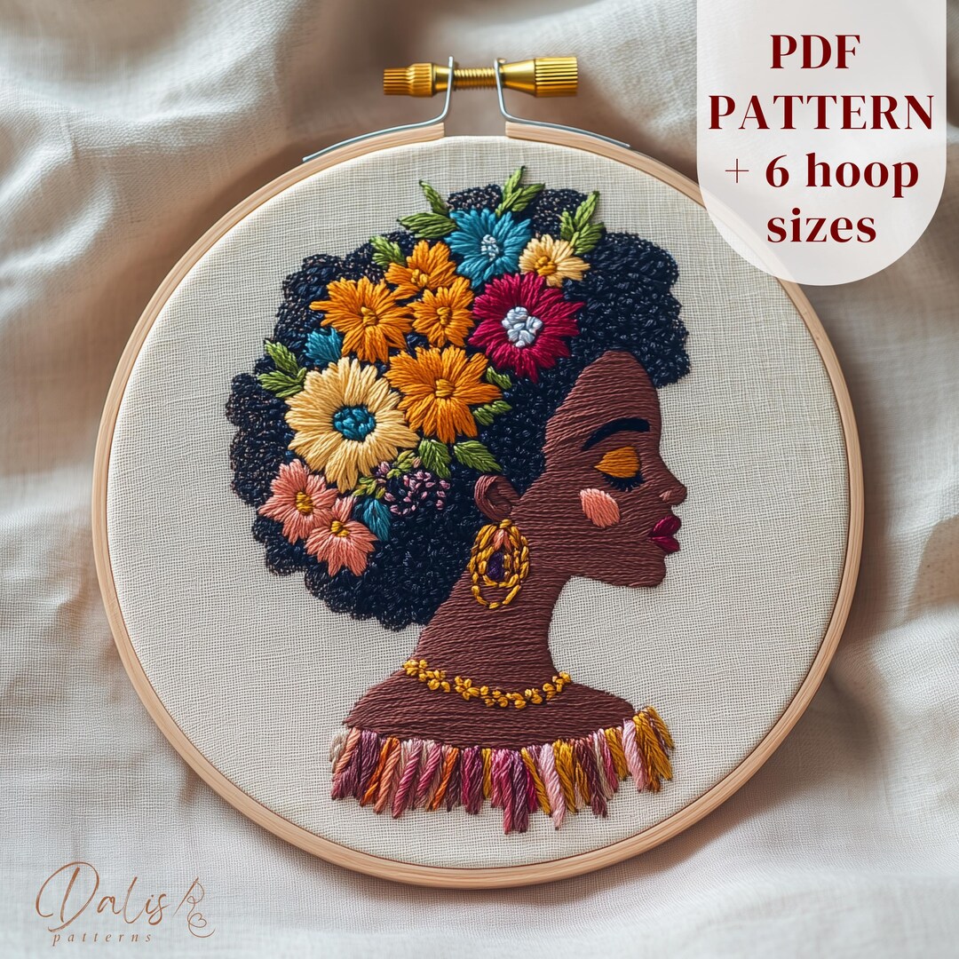 African Woman Embroidery PDF Pattern, Afro Girl Hand Embroidery Design ...