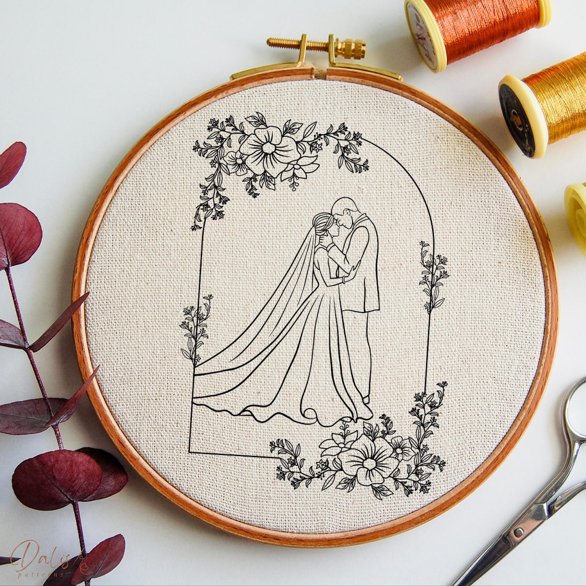 Wedding Embroidery PDF Pattern Template, Groom and Bride in Floral Arch ...