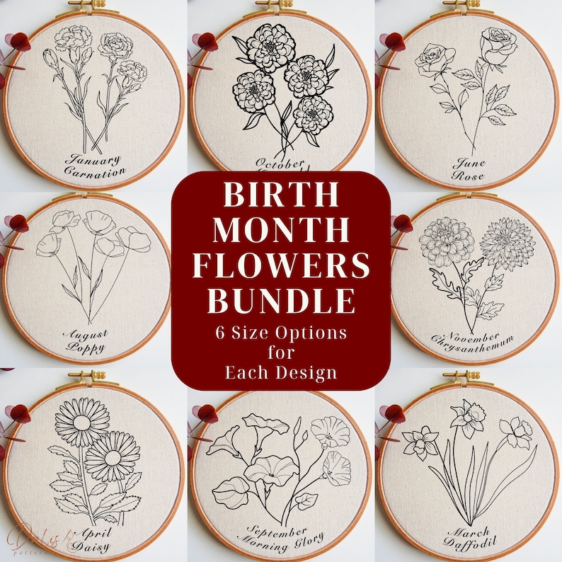 Birth Month Flowers Embroidery PDF Pattern Bundle, Astrology ...