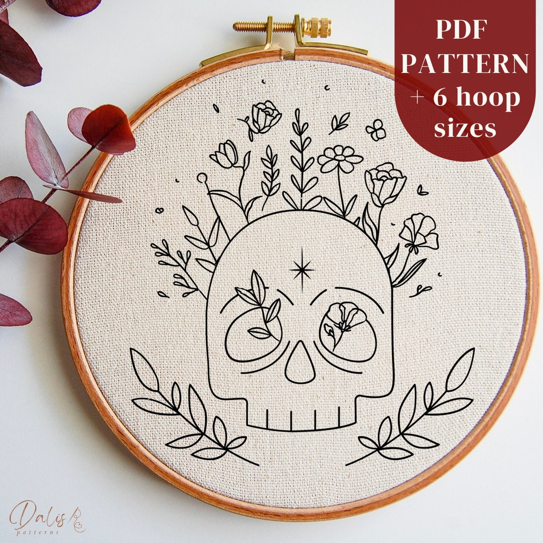 Skull Hand Embroidery PDF Pattern Design File, Gothic Spooky Season Embroidery Template ...