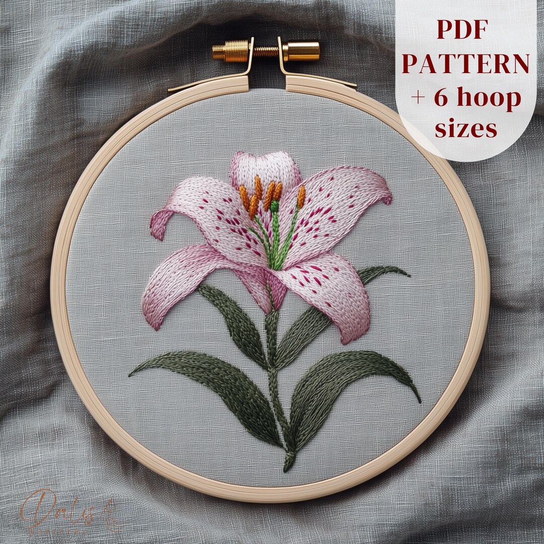 Lily Flower Hand Embroidery Pattern, Lilium Embroidery Design, Taurus ...