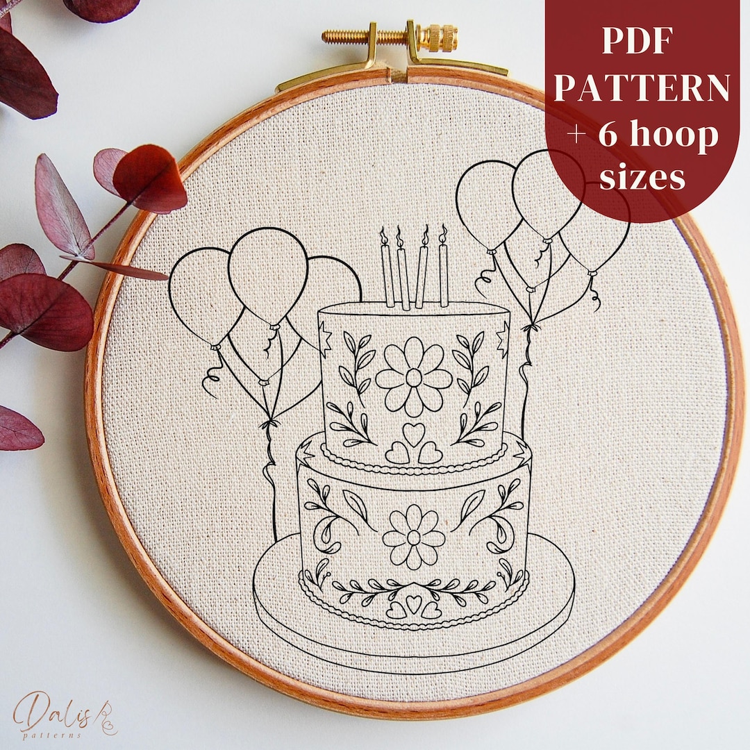 Floral Birthday Cake Embroidery PDF Pattern, Modern Stitching Design ...