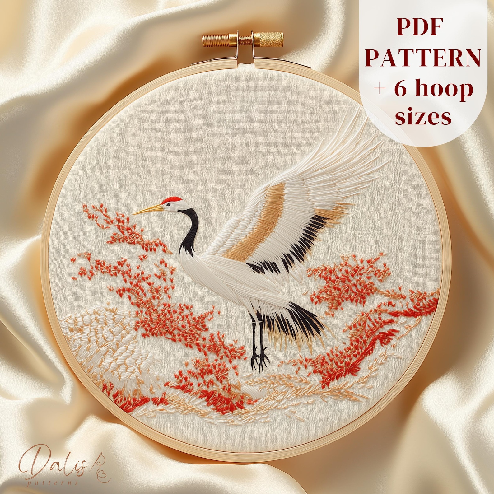 Japanese Crane Bird Embroidery Pattern, Animal Hand Embroidery Design ...