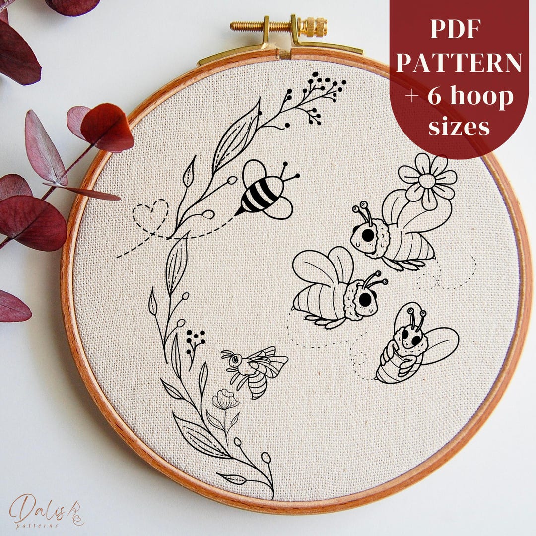 Bees and Leaves Embroidery PDF Pattern Template, Animal Hand Stitching ...