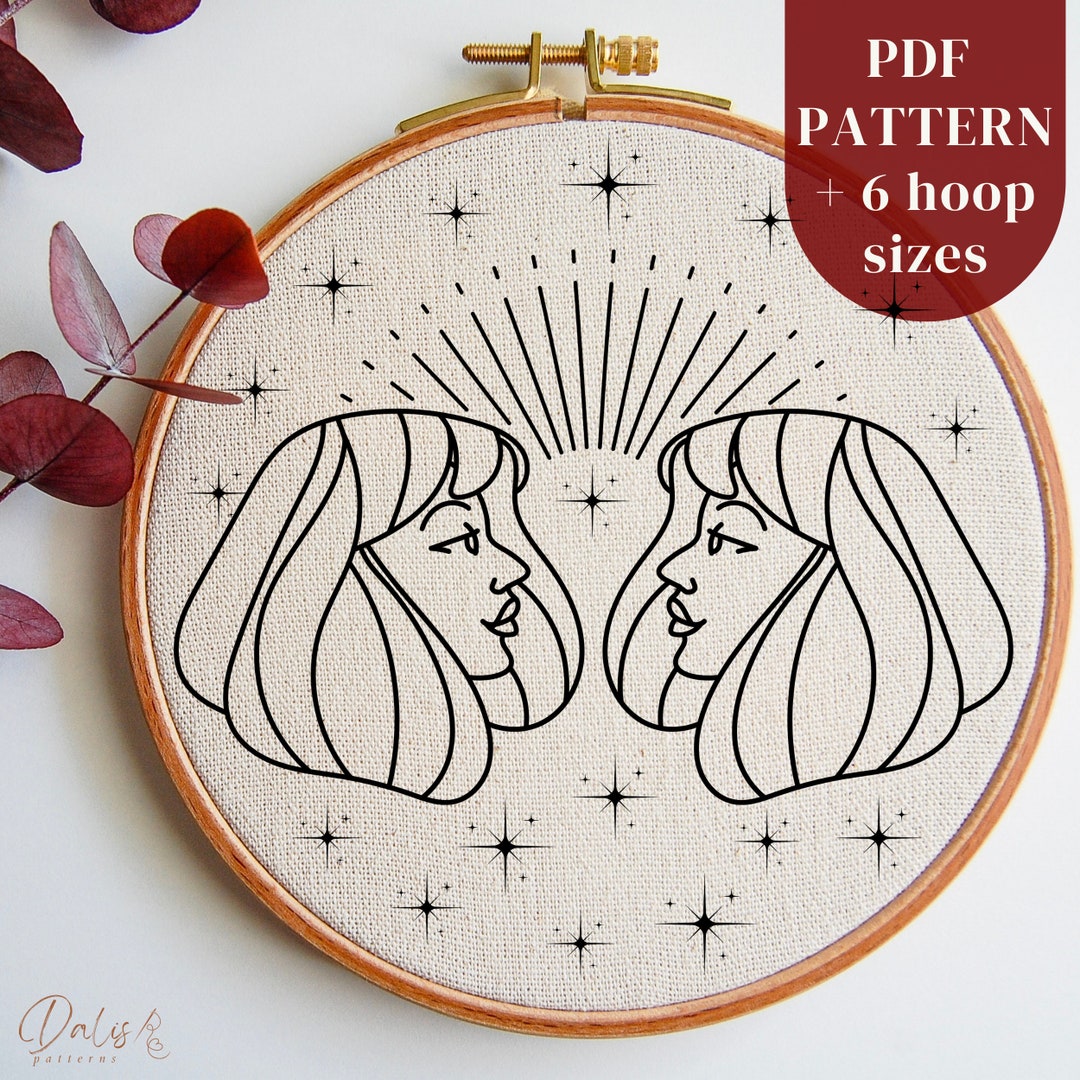 Gemini Hand Embroidery PDF Pattern, Zodiac Sign DIY Embroidery Hoop Art ...