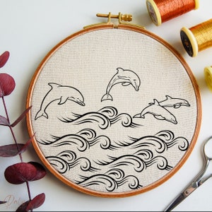 Summer Hand Embroidery PDF Pattern File, Dolphins Surf Sea Waves Design ...