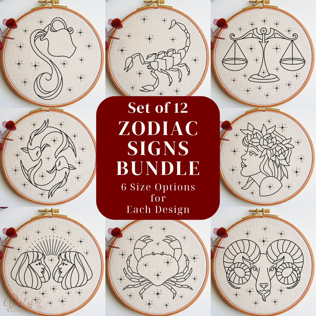Zodiac Signs Embroidery Pattern Bundle, Astrology Star Signs DIY Hoop ...