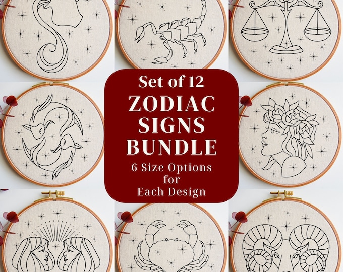 Zodiac Signs Embroidery PDF Pattern Bundle, Astrology Star Signs Hand ...